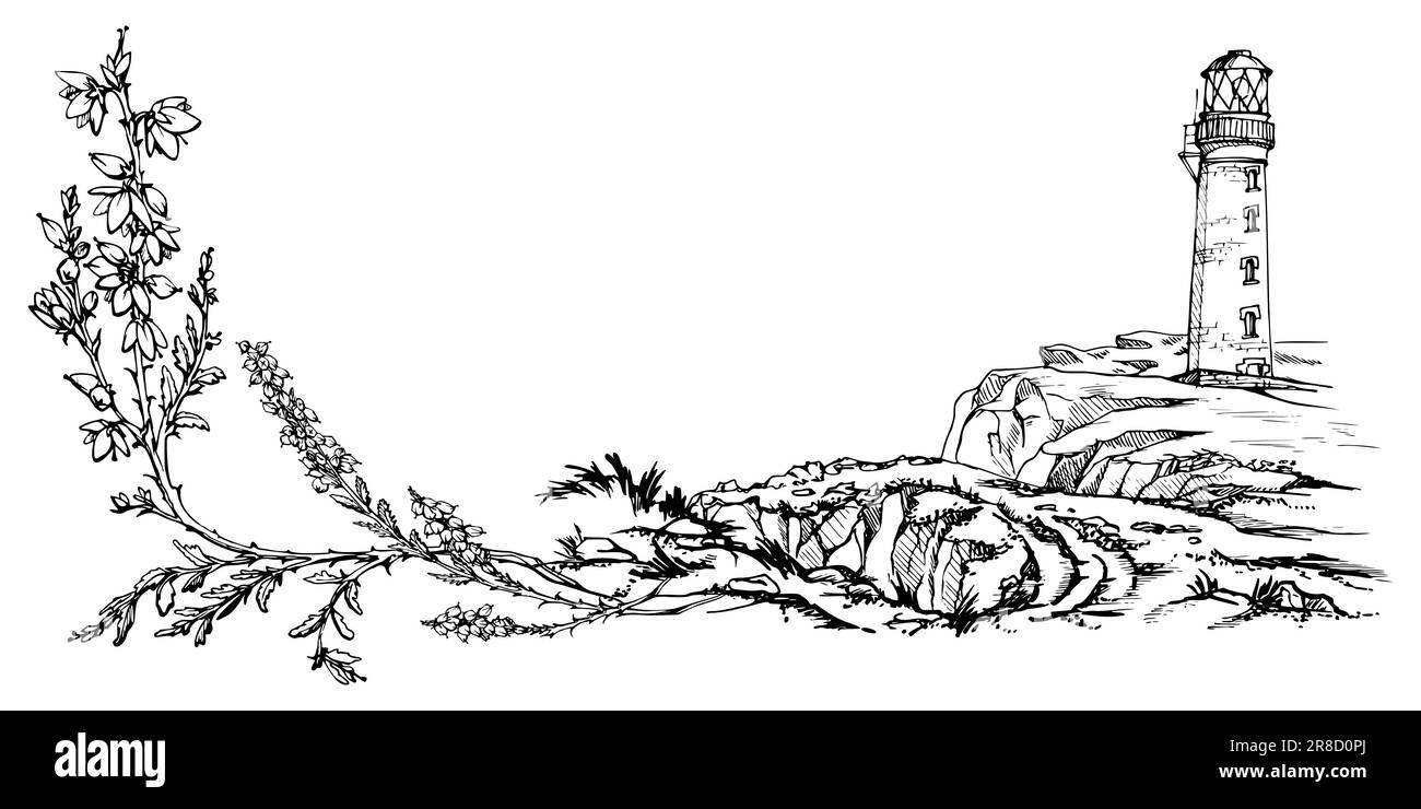 Ink hand drawn sketch vector illustration. Landscape scenery of ...