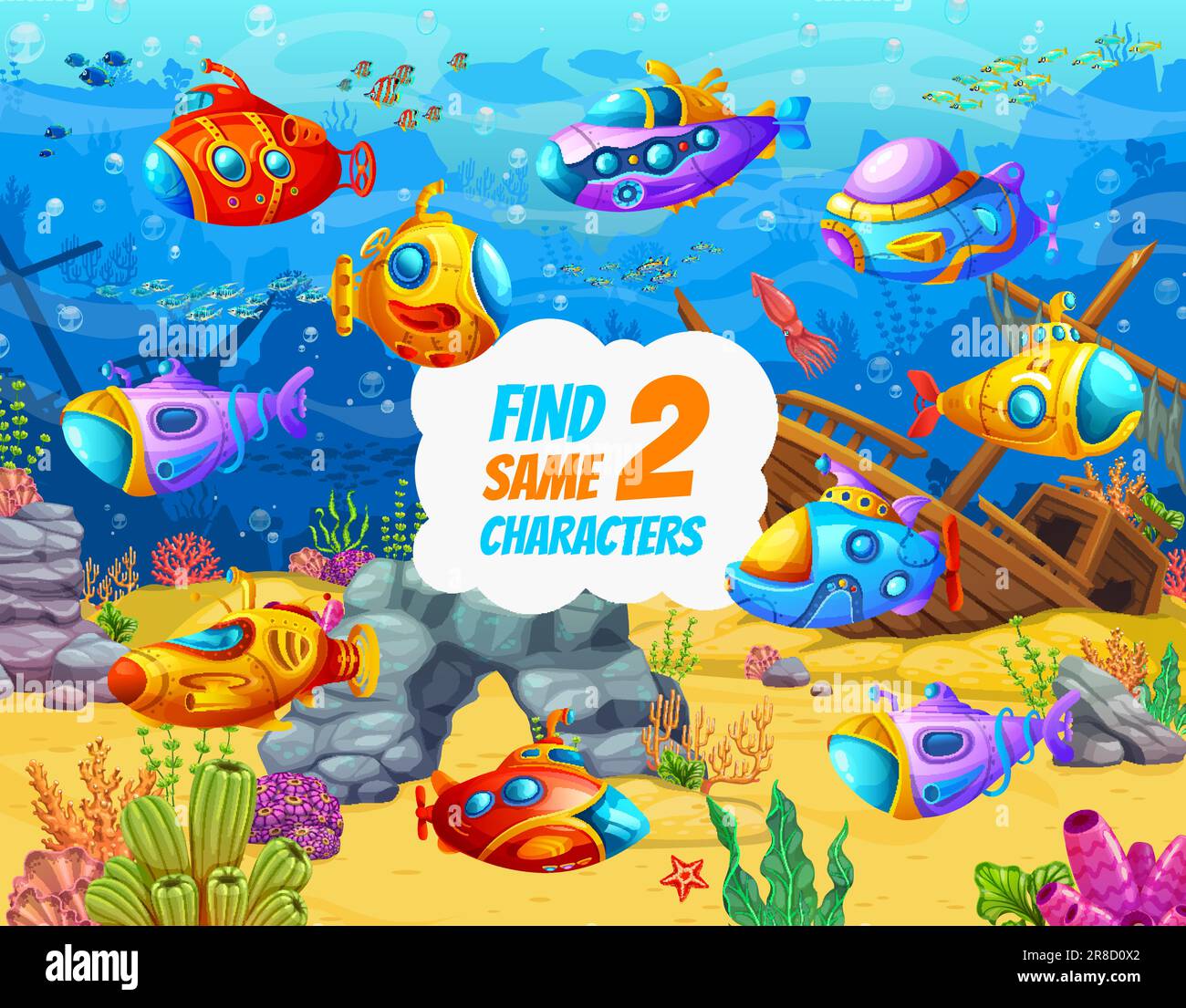 Cartoon underwater submarines and bathyscaphe. Find a correct shadow on ...