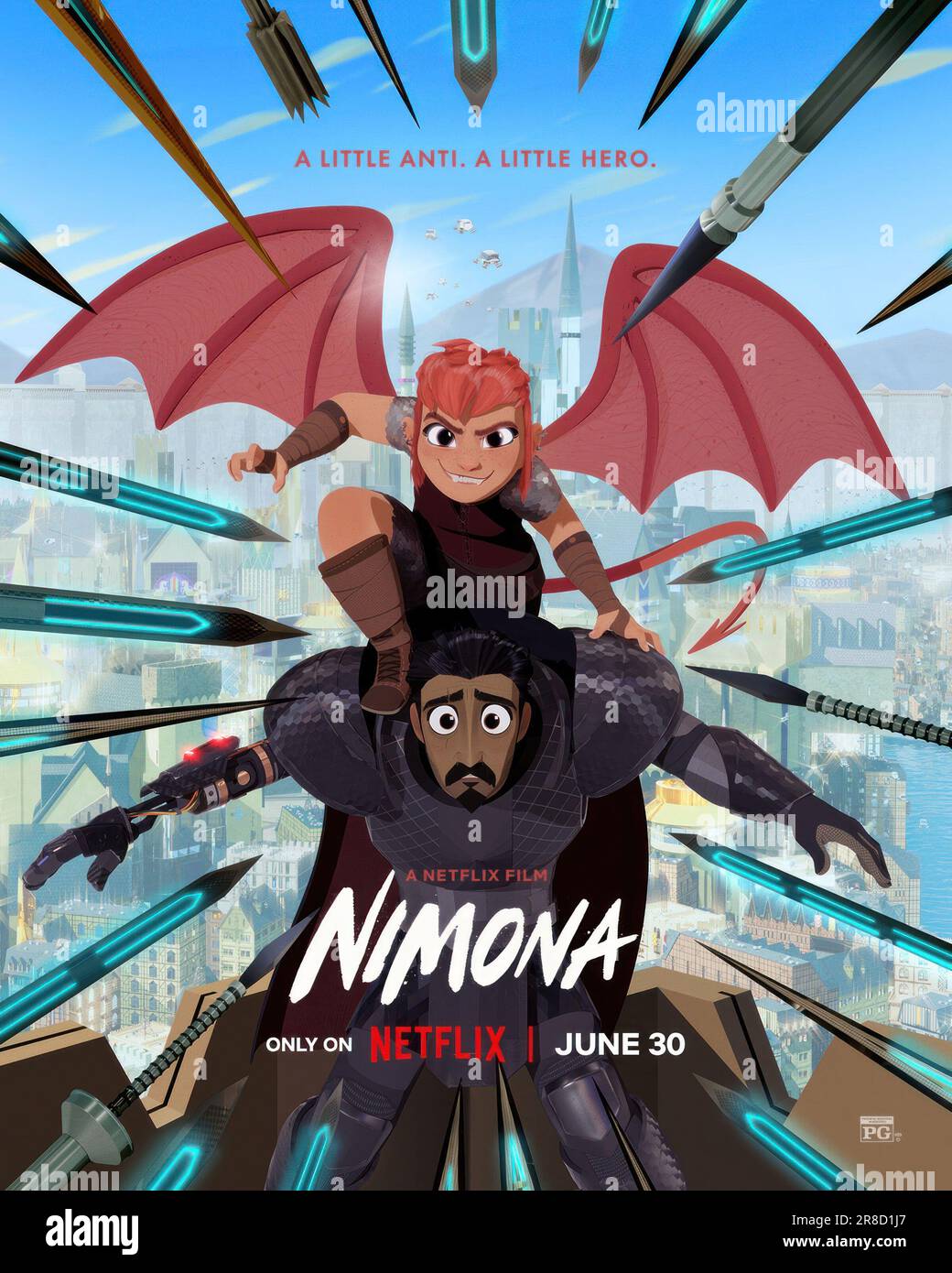 NIMONA, US poster, from top: Nimona (voice: Chloe Grace Moretz), Ballister Boldheart (voice: Riz ...