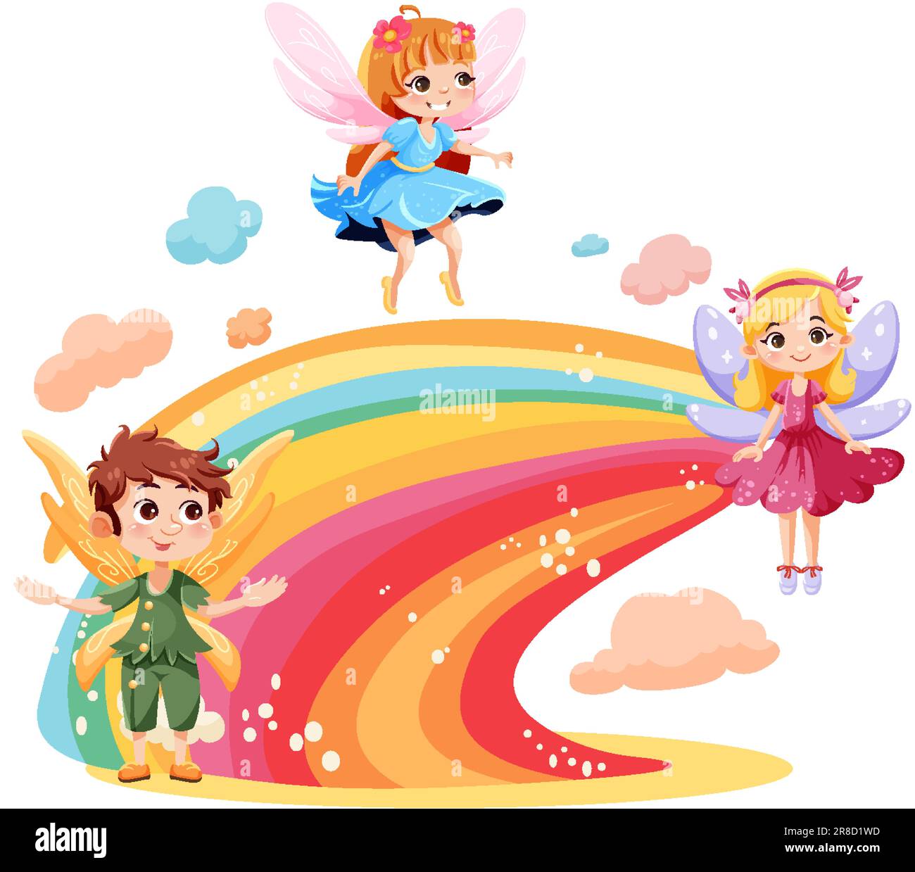 Cute fantasy fairies cartoon character flying over rainbow illustration ...