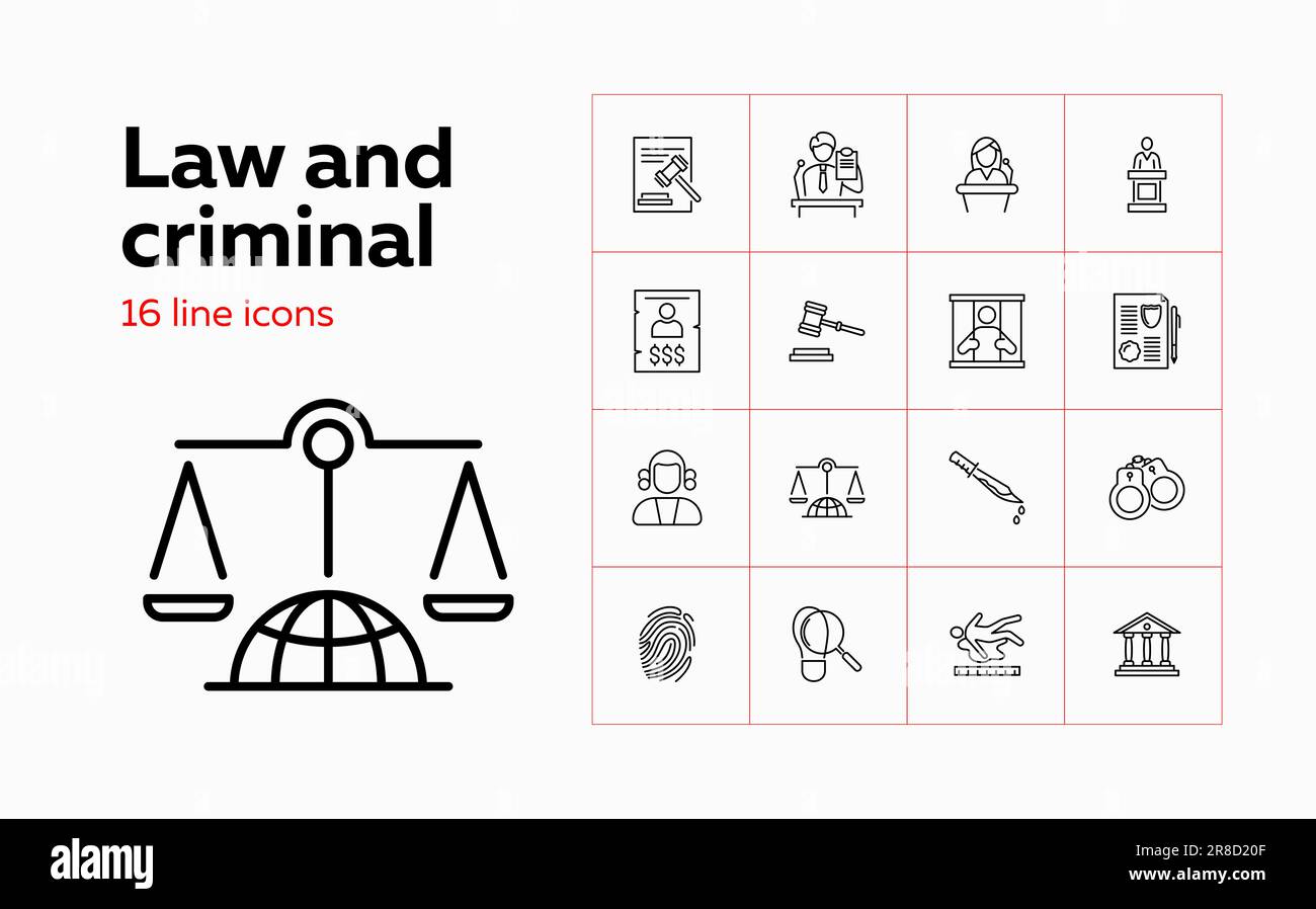 Law and criminal icons. Set of line icons on white background. Judge ...