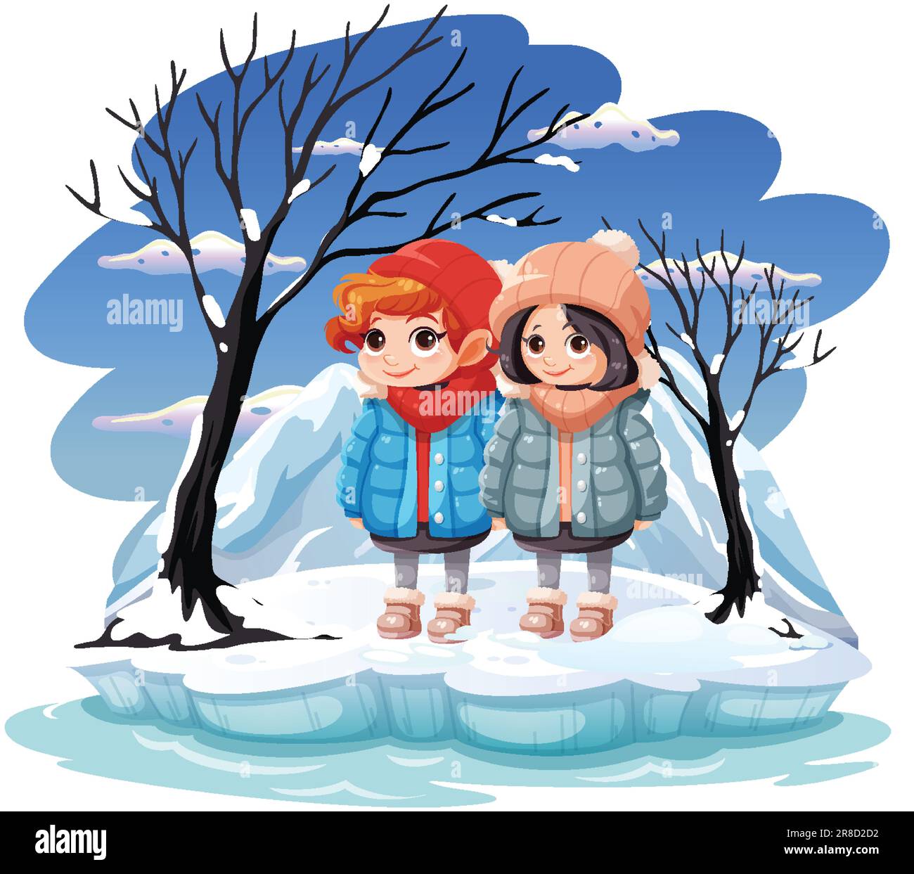 Cut girls at cold outdoor winter scene illustration Stock Vector Image ...