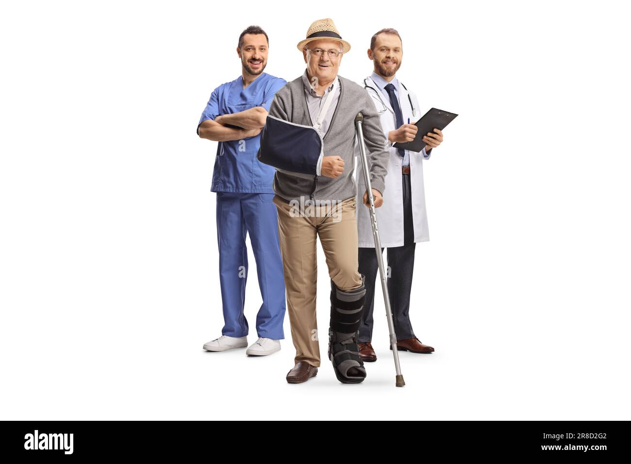 Full length portrait of a senior male patient with a crutch and doctors ...