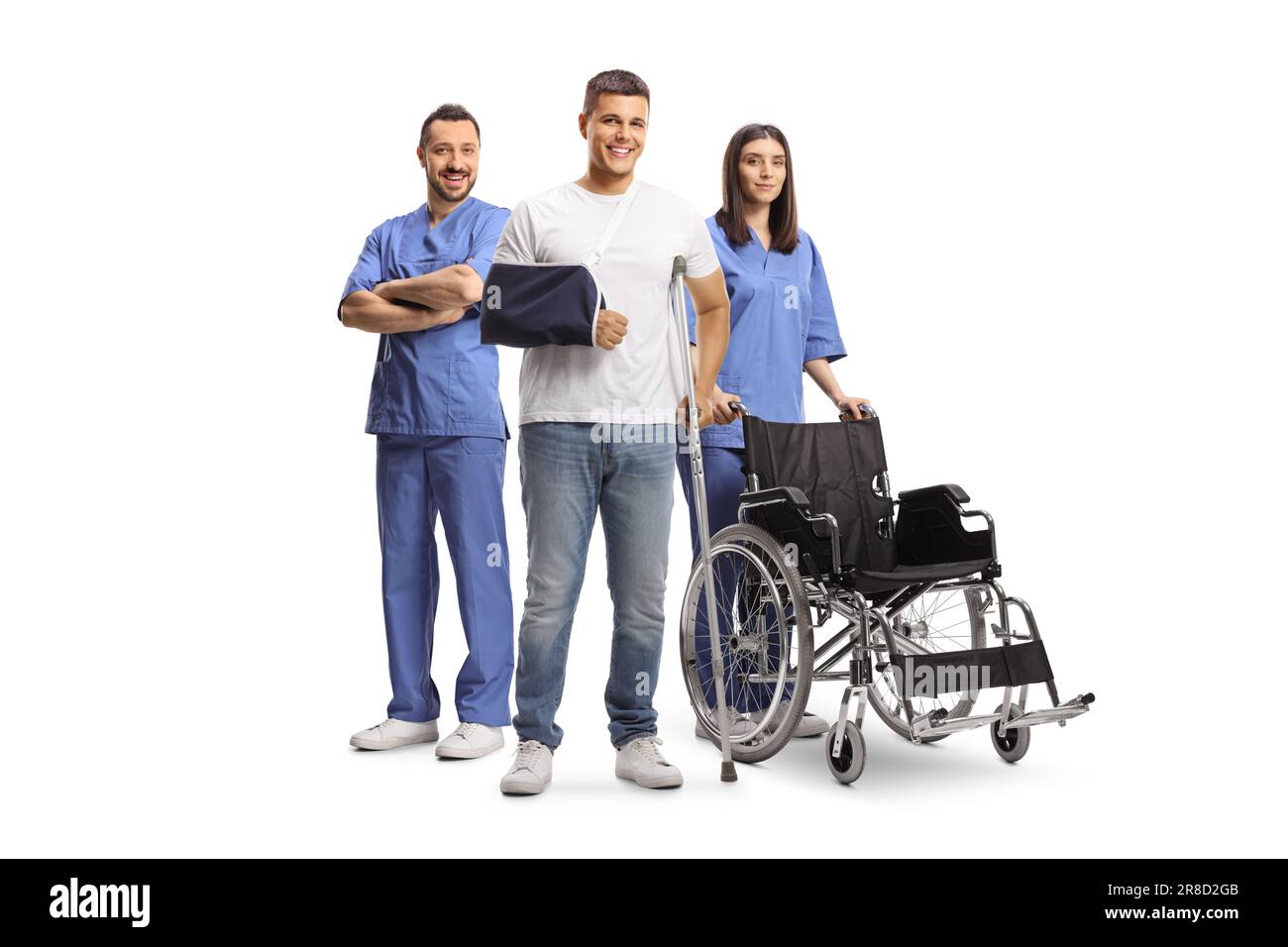 Young man with arm and leg injury standing with male and female health ...