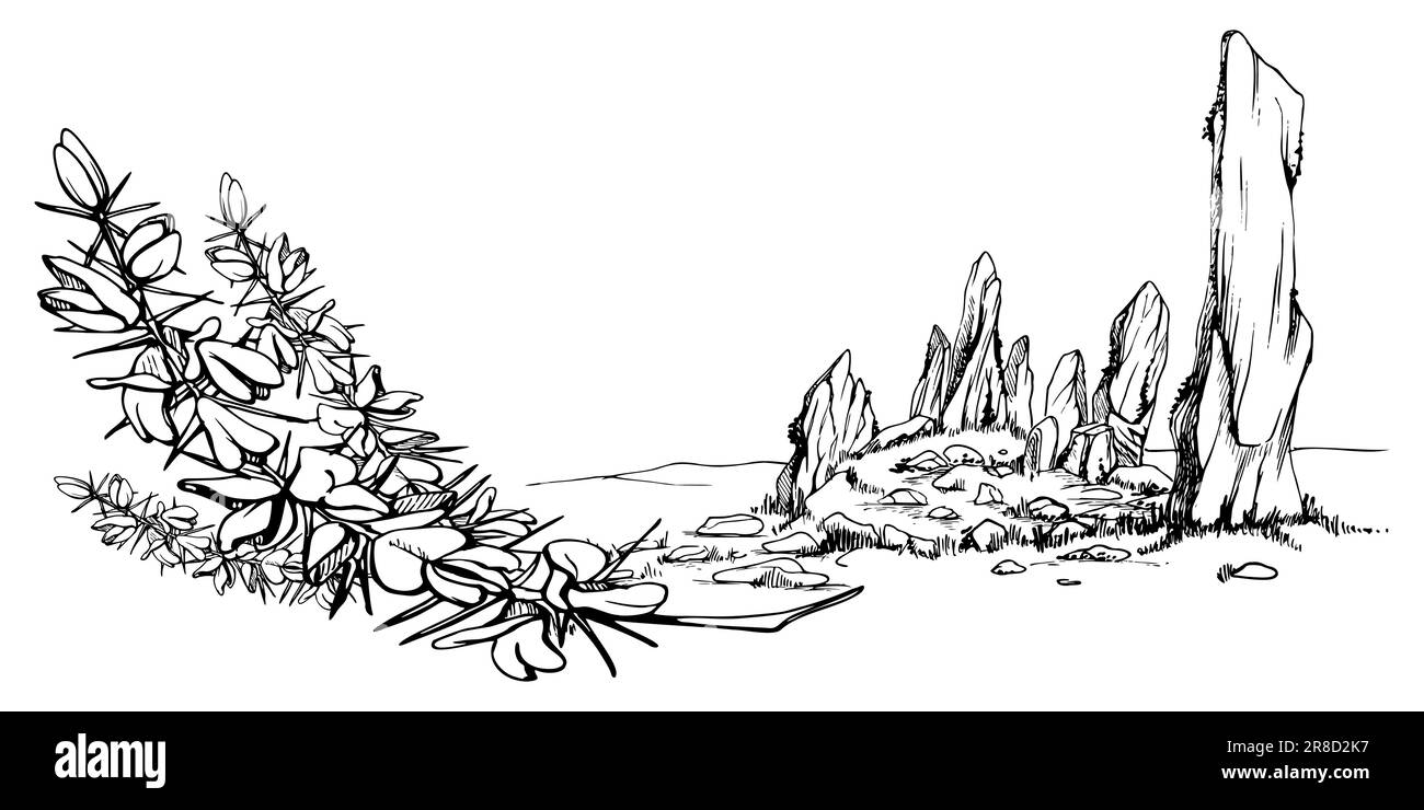 Ink hand drawn sketch vector illustration. Landscape scenery of ...