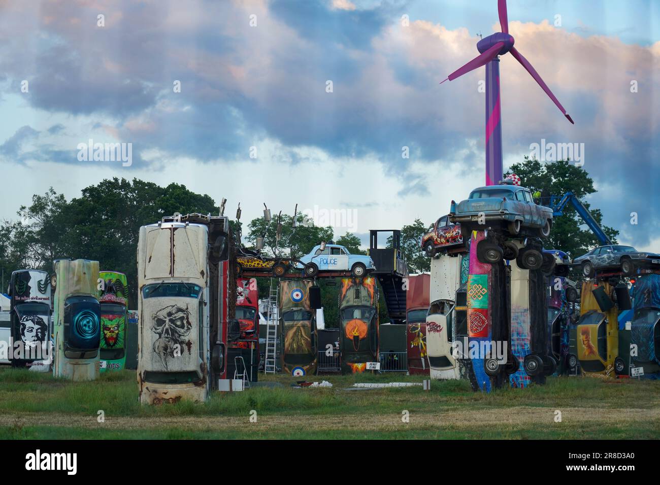 The new Car Henge installation at the 2023 Glastonbury festival the day ...