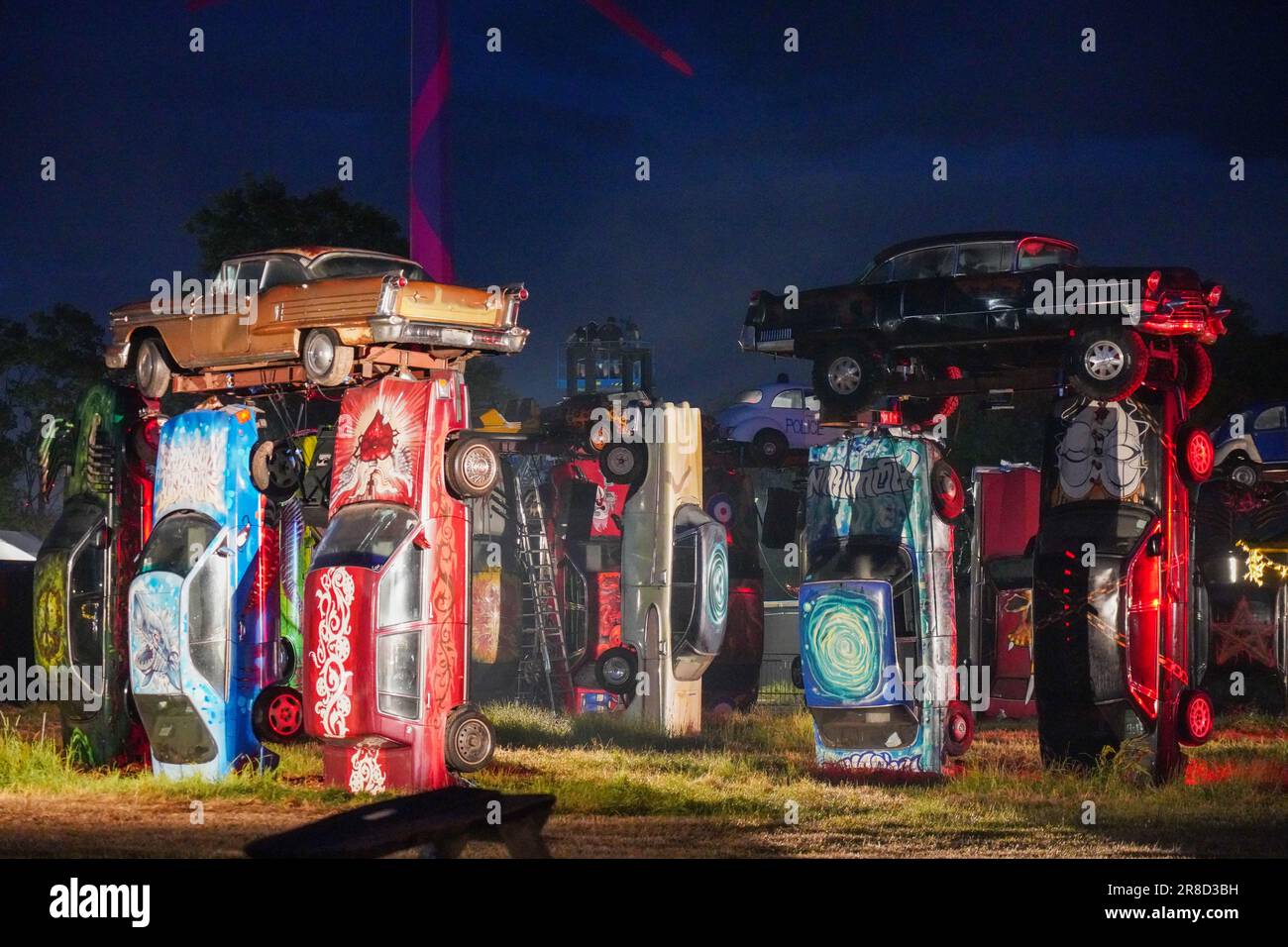 The new Car Henge installation at the 2023 Glastonbury festival the day ...