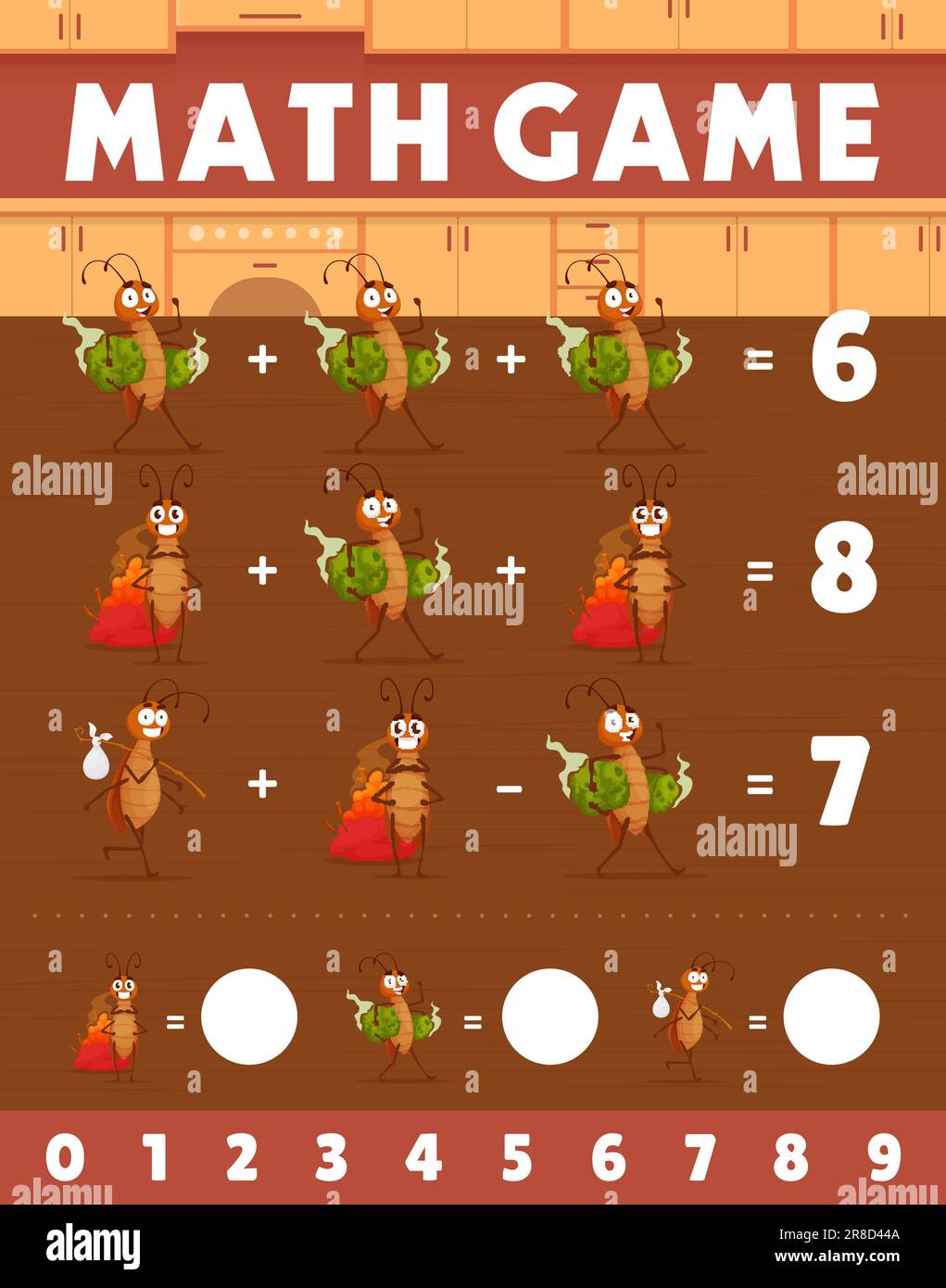 Math game worksheet. Cartoon cockroach characters on kitchen. Vector ...