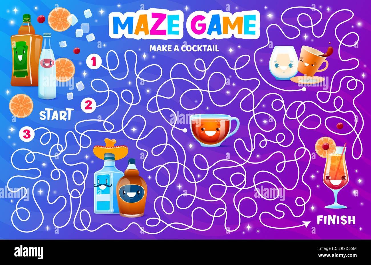 Labyrinth maze make a cocktail drink. Kids vector board game with ...