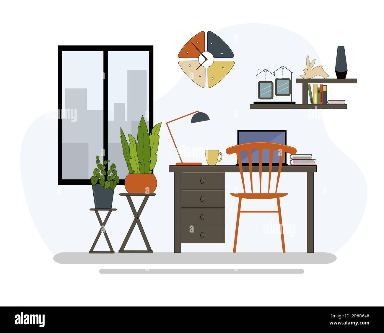 Workplace interior. Desk with drawers, table lamp, laptop and books ...