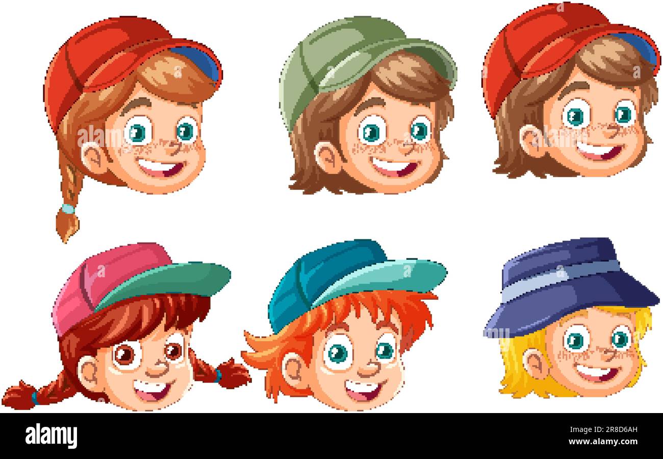 Set of cute cartoon character wearing hat illustration Stock Vector ...