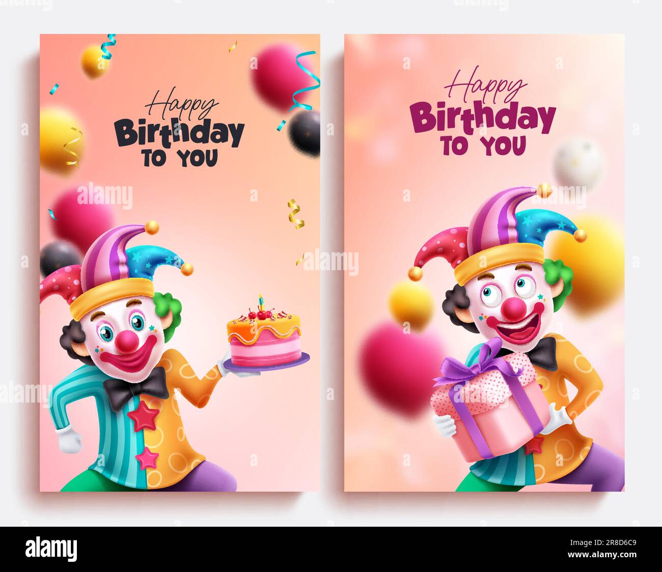 Happy birthday text vector poster set. Birthday clown character holding ...
