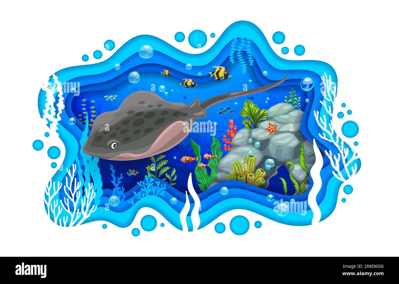 Cartoon stingray and sea paper cut underwater landscape with seaweeds ...
