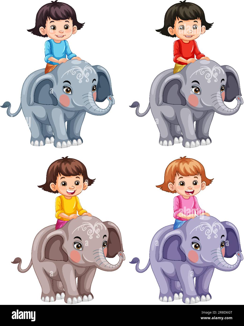 Collection of different kids riding elephants illustration Stock Vector ...