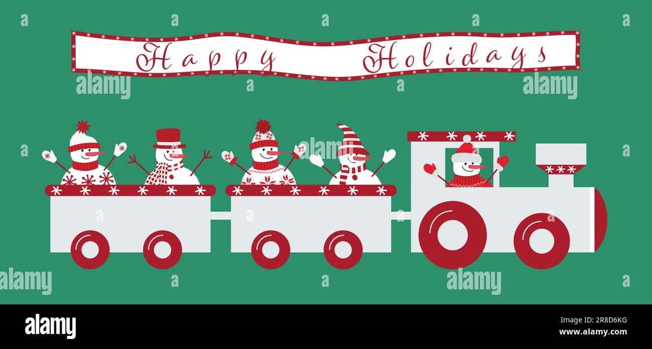 Christmas train with snowmen. Poster "Happy Holidays". Template for ...