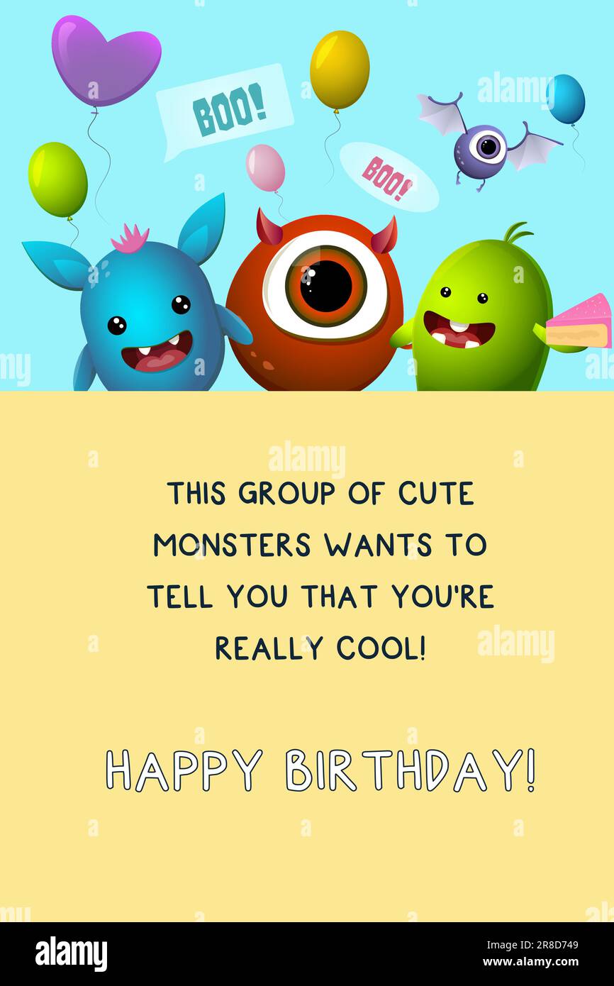 vector postcard. cute monsters happy birthday greeting. with balloons ...