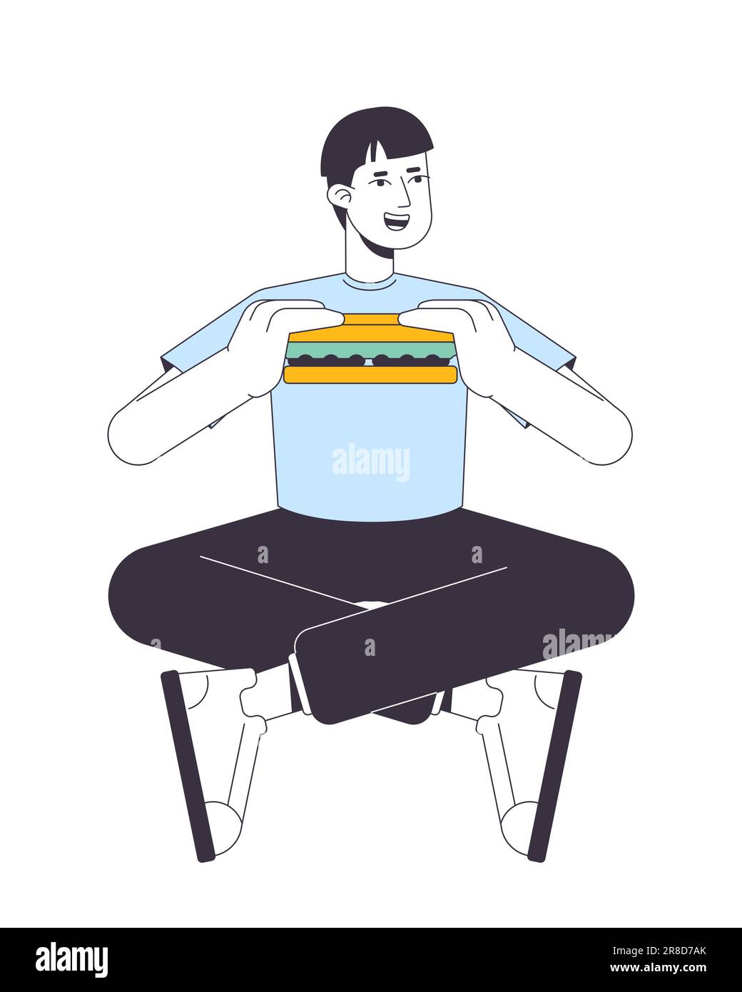 Guy eating sandwich in legs crossed posture flat line color vector ...