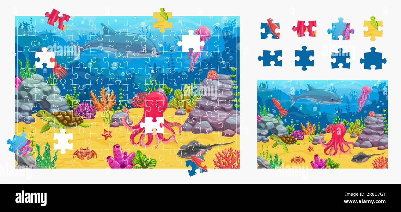 Cartoon sea underwater animals and landscape. Jigsaw puzzle game pieces ...