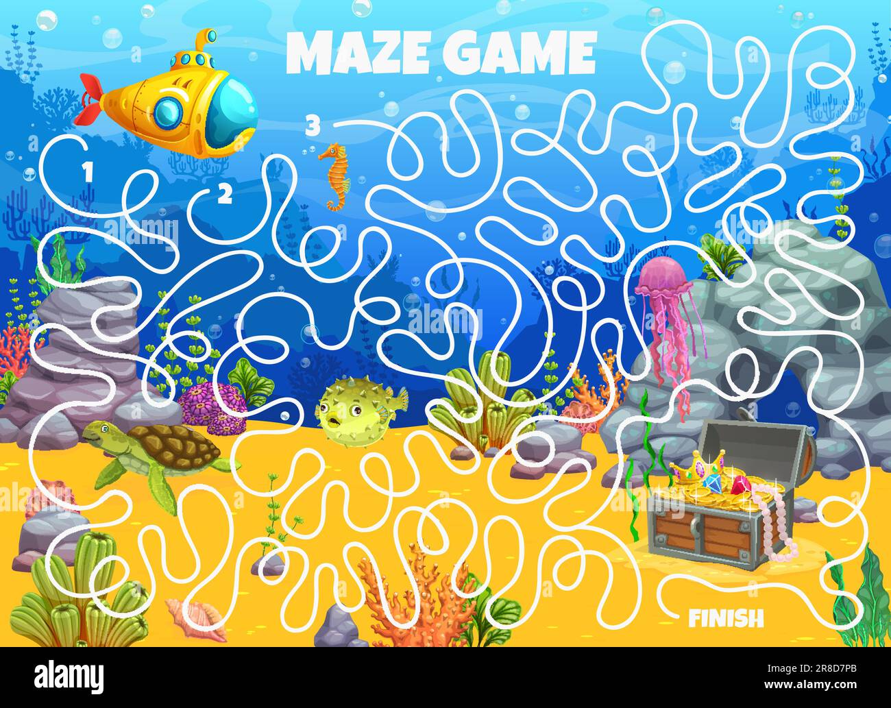 Labyrinth maze. Help to explorers on submarine find a treasure chest on ...