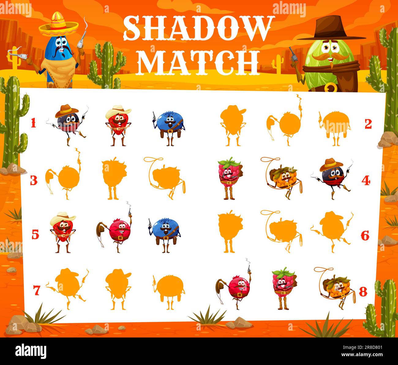Shadow match game cartoon berry ranger, cowboy and bandit characters ...