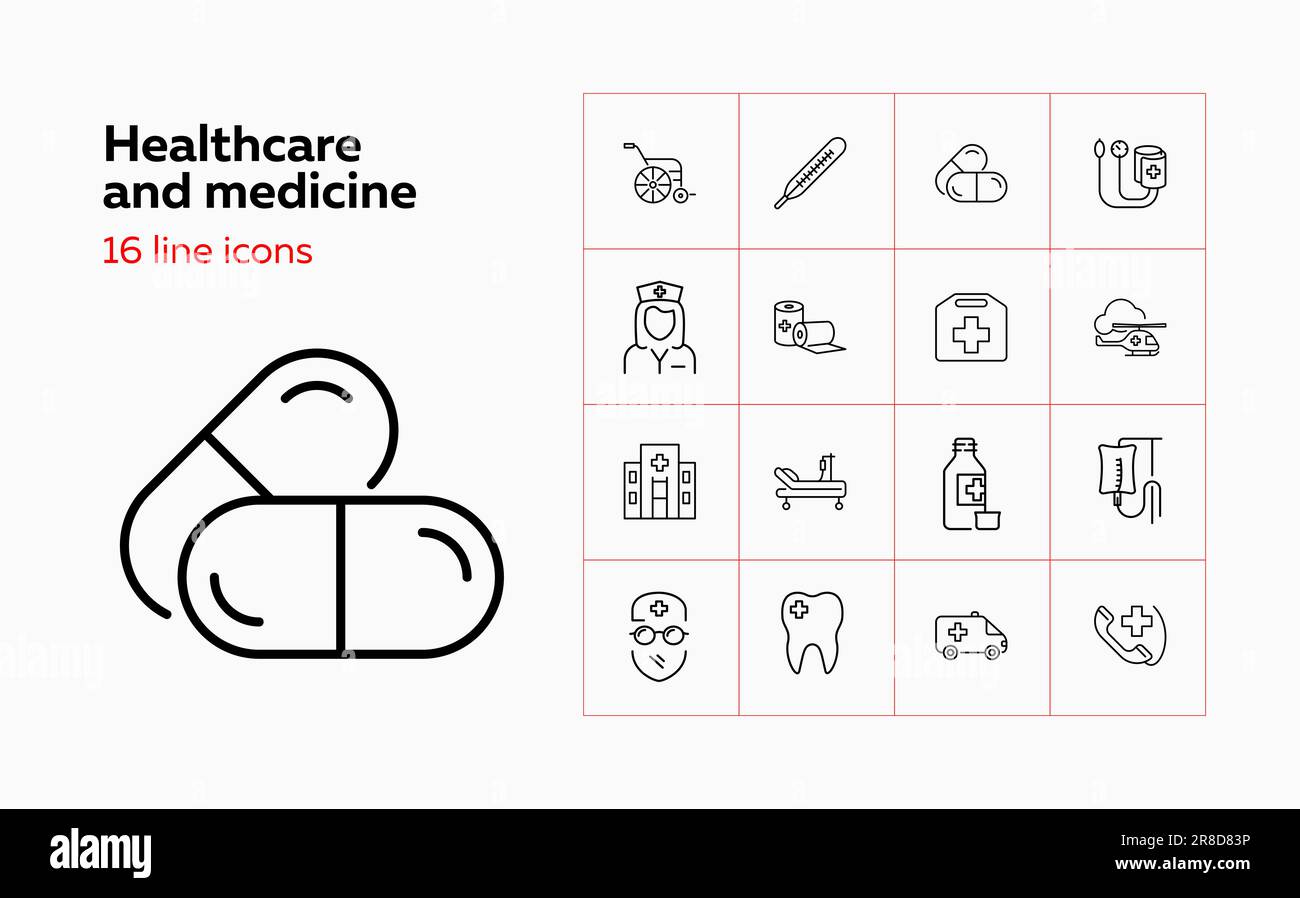 Healthcare and medicine icons. Set of line icons. Pills, doctor, first ...
