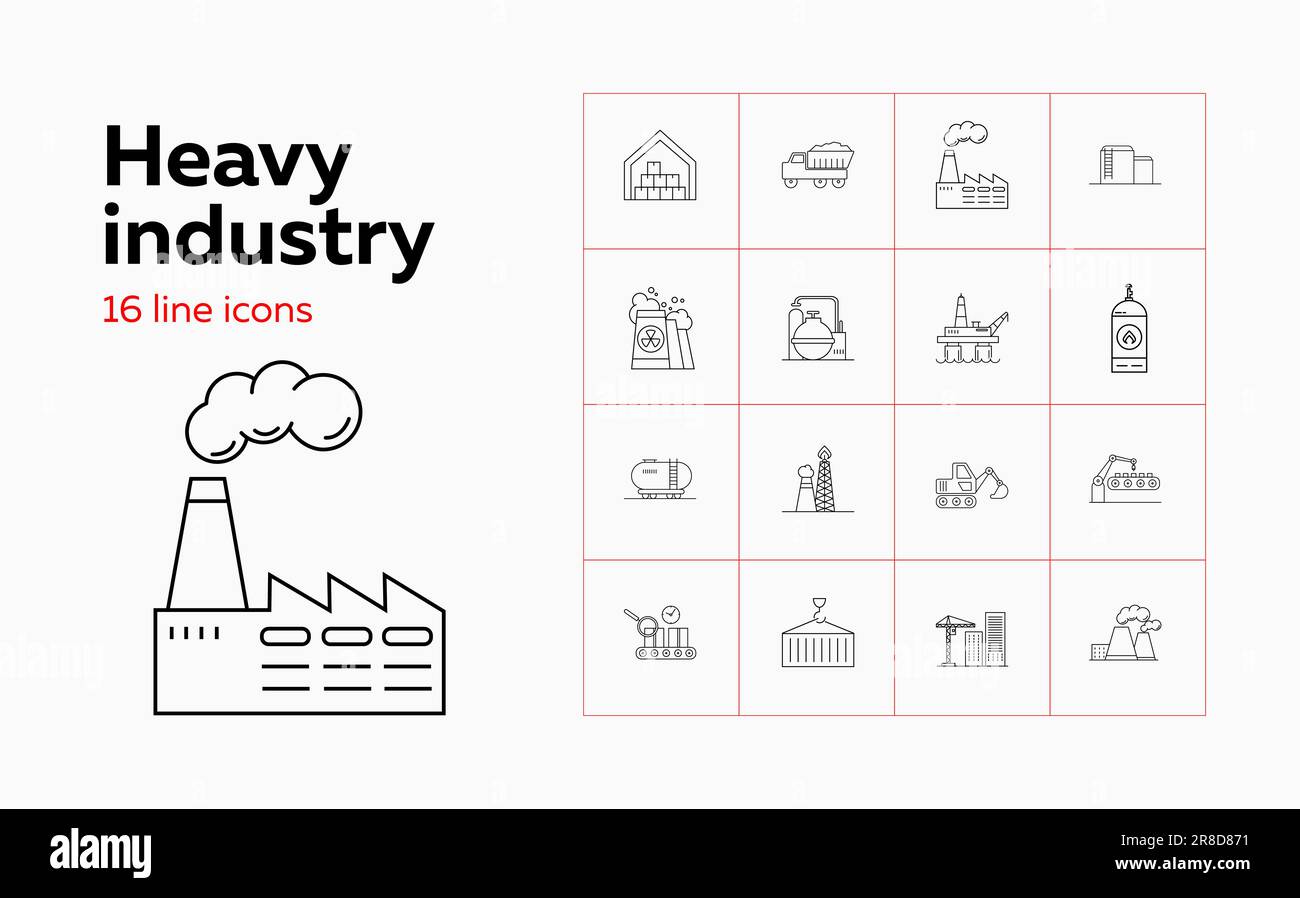 Heavy industry line icon set. Engineer, factory, oil derrick. Urban and ...