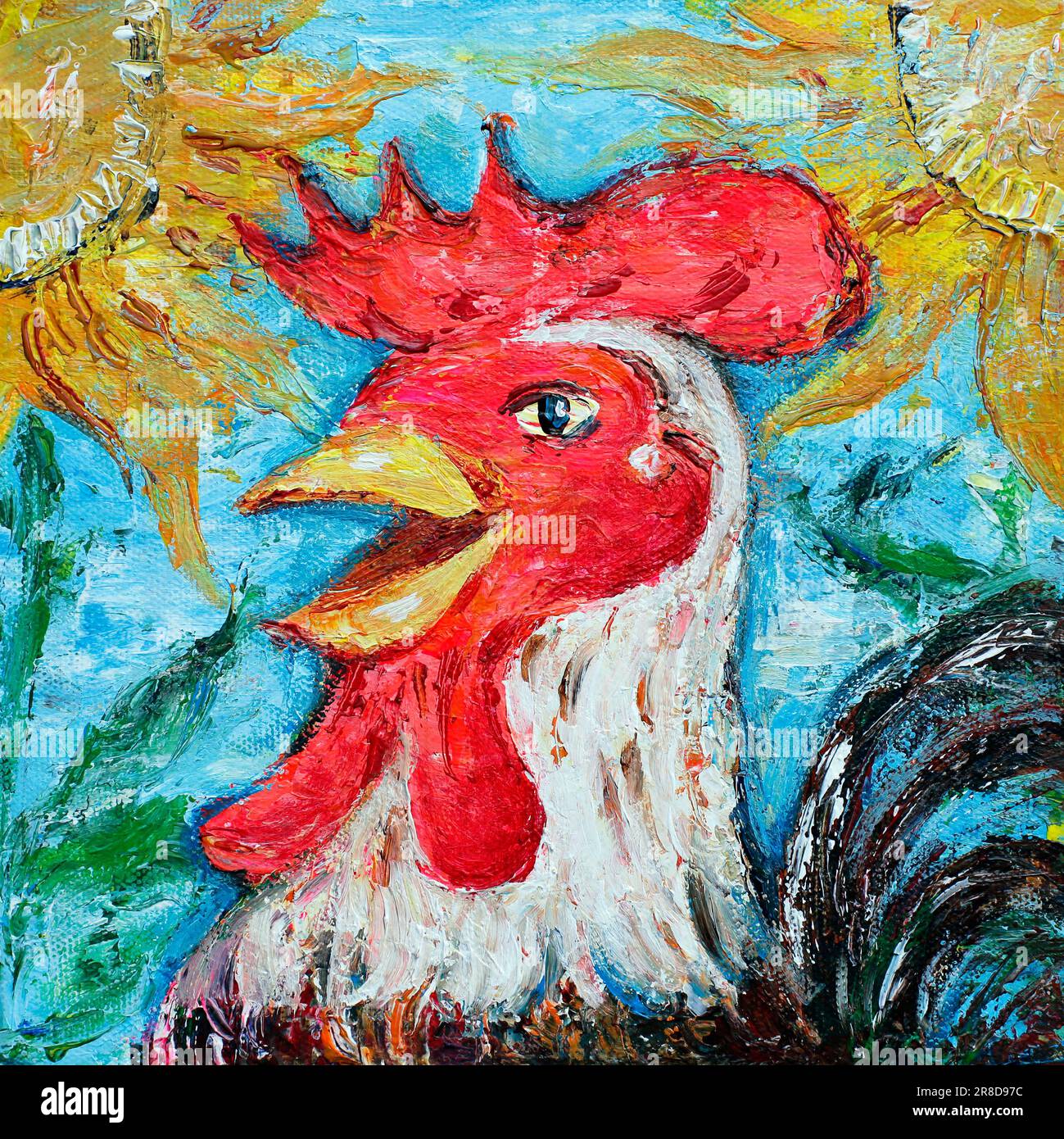 Acrylic painting of a rooster with sunflowers Stock Photo - Alamy