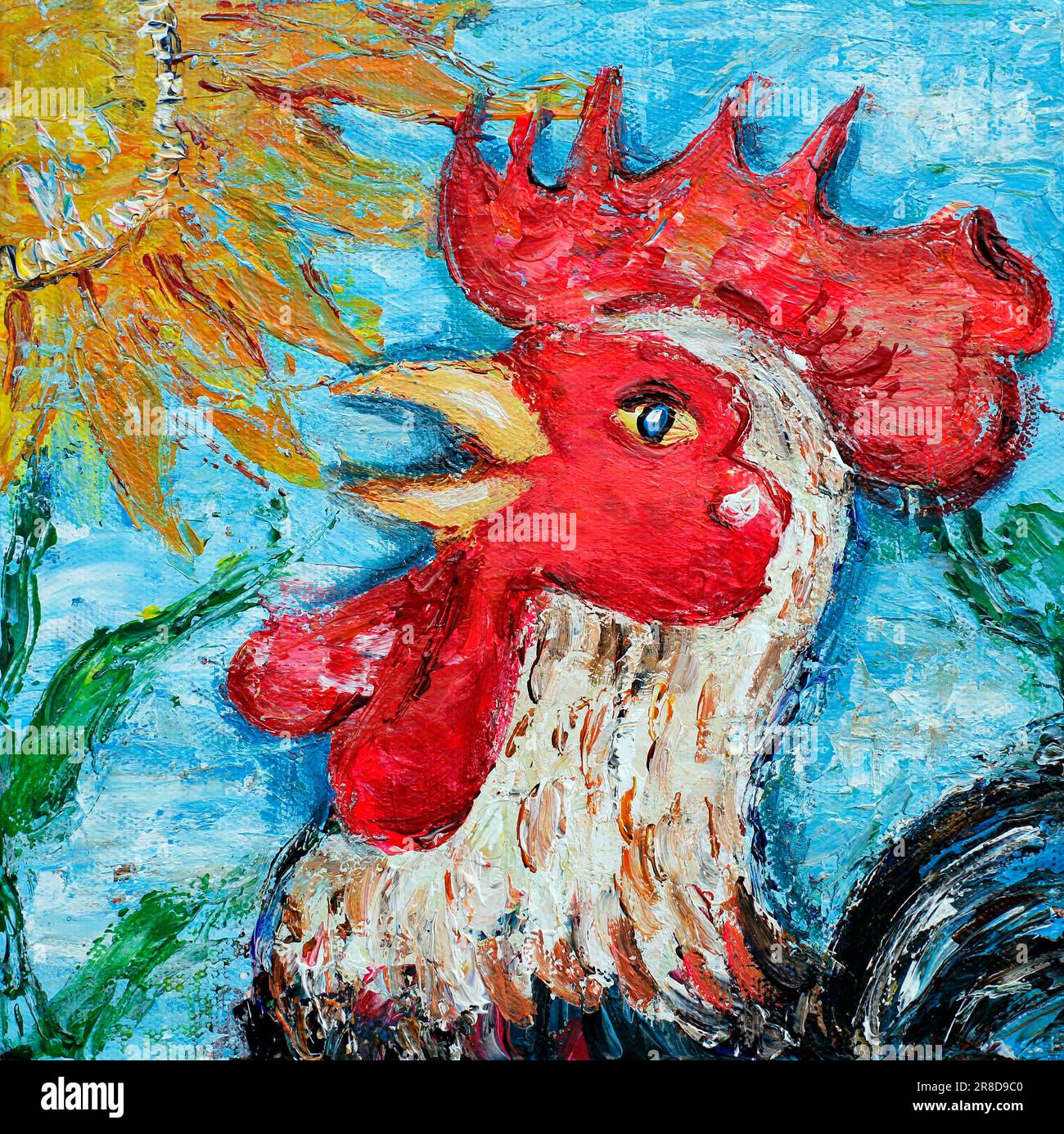 Acrylic painting of a rooster with sunflowers Stock Photo - Alamy