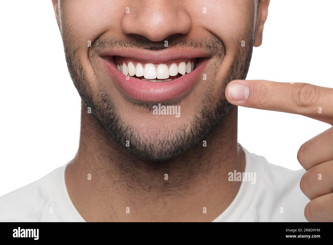 Man showing healthy gums on white background, closeup Stock Photo - Alamy