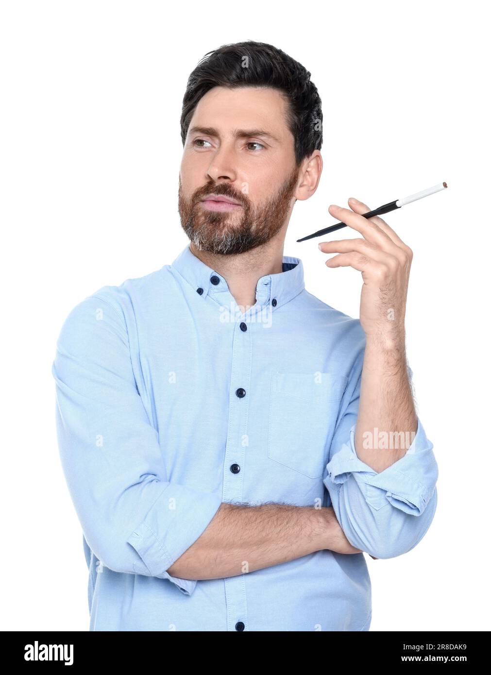 Man using long cigarette holder for smoking isolated on white Stock ...