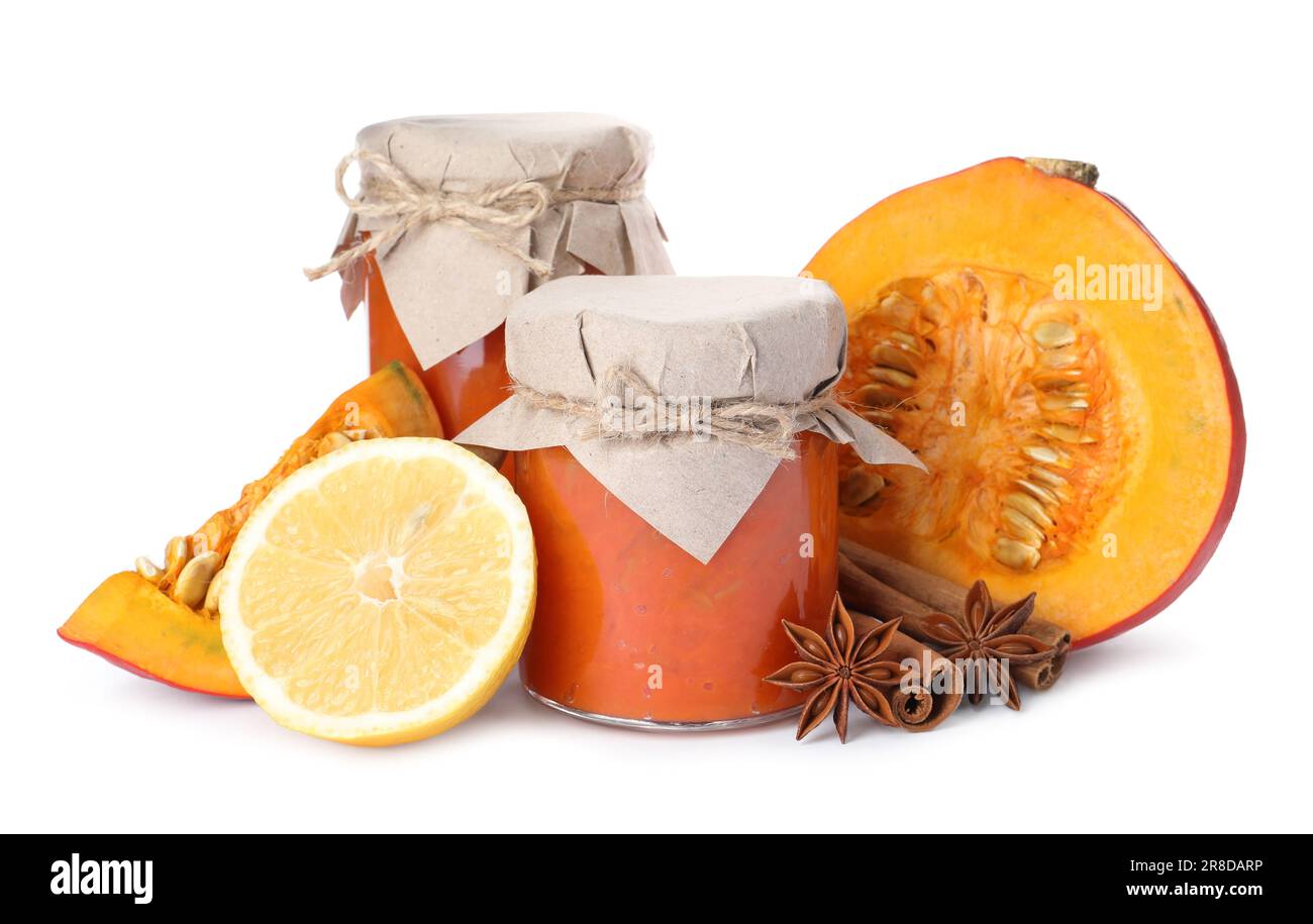 Jars of pumpkin jam and ingredients on white background Stock Photo - Alamy