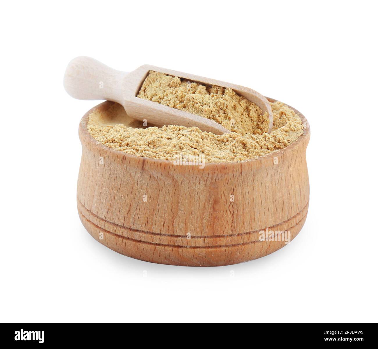 Wooden scoop and bowl with aromatic mustard powder on white background ...