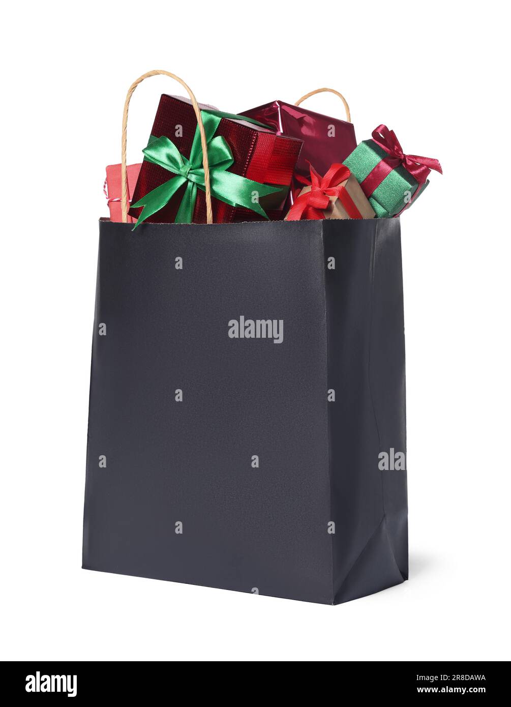 Black gift paper bag on white background Stock Photo - Alamy