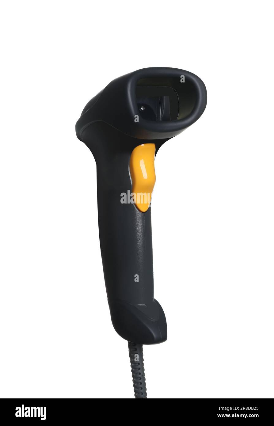 Black modern barcode scanner isolated on white Stock Photo - Alamy