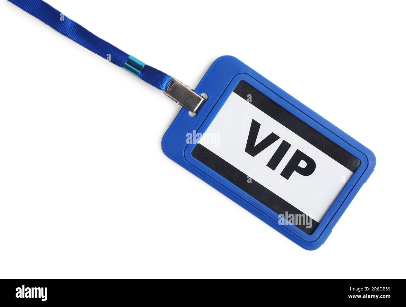 Blue vip badge isolated on white, top view Stock Photo - Alamy