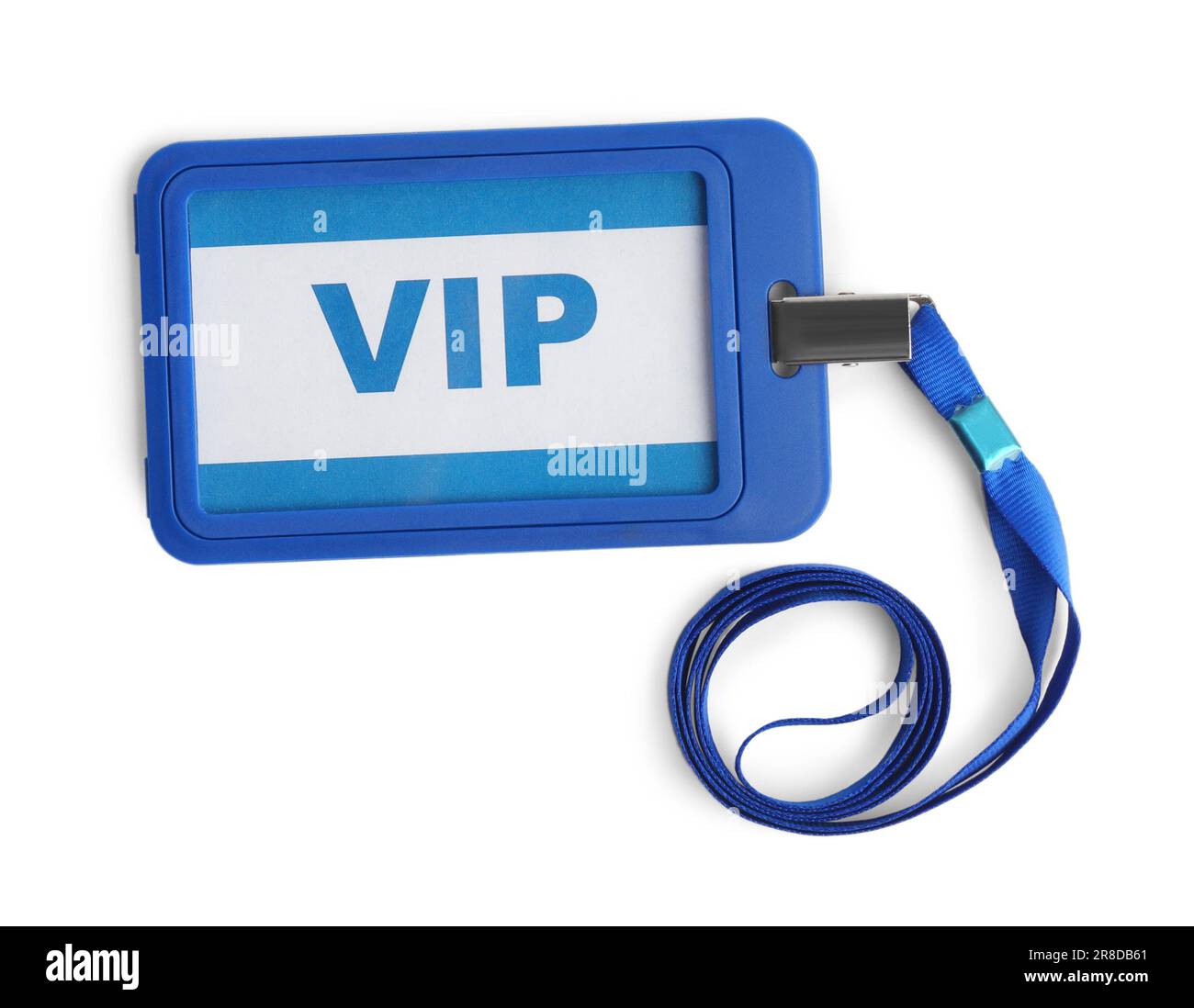 Blue vip badge isolated on white, top view Stock Photo - Alamy