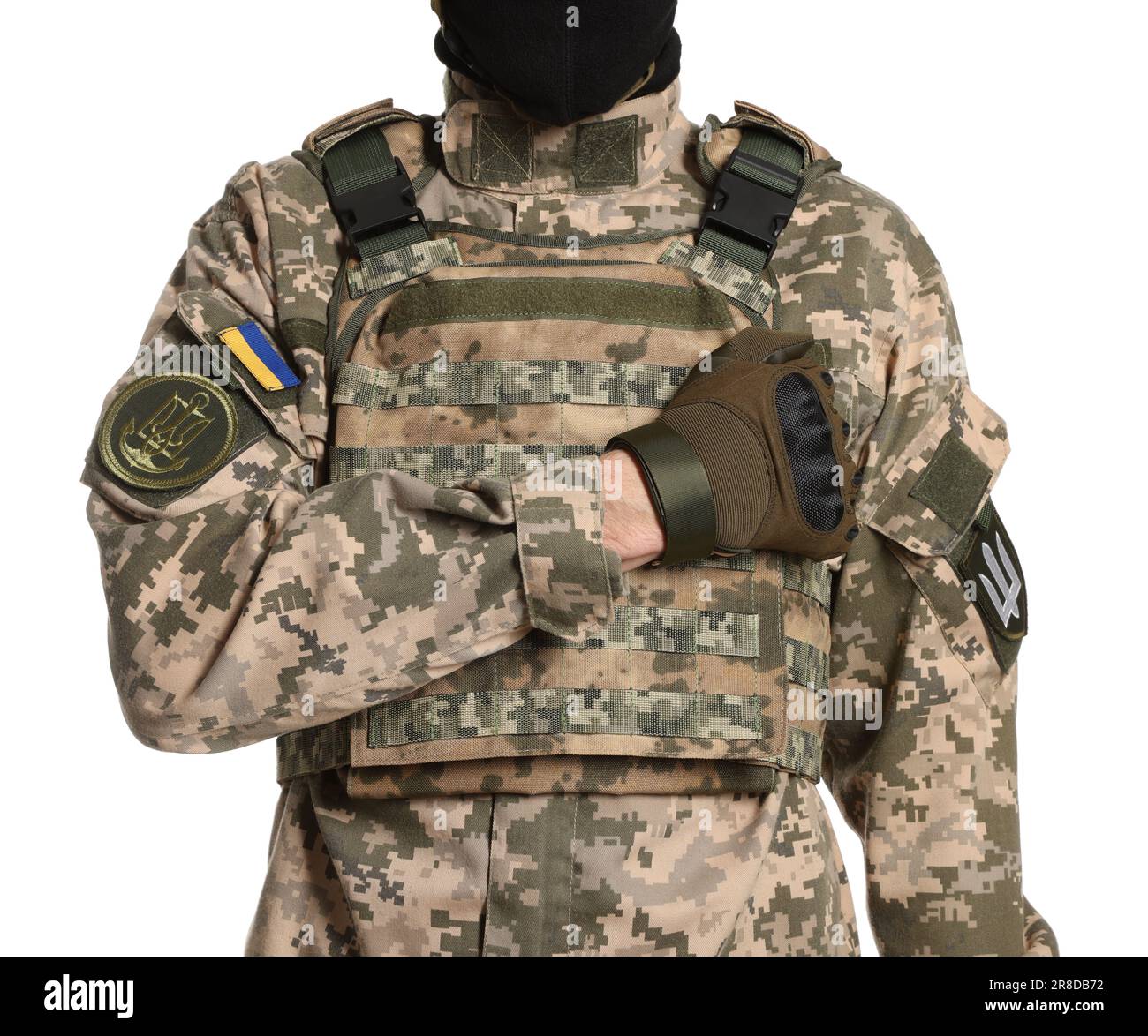 Ukrainian soldier in military uniform on white background, closeup ...