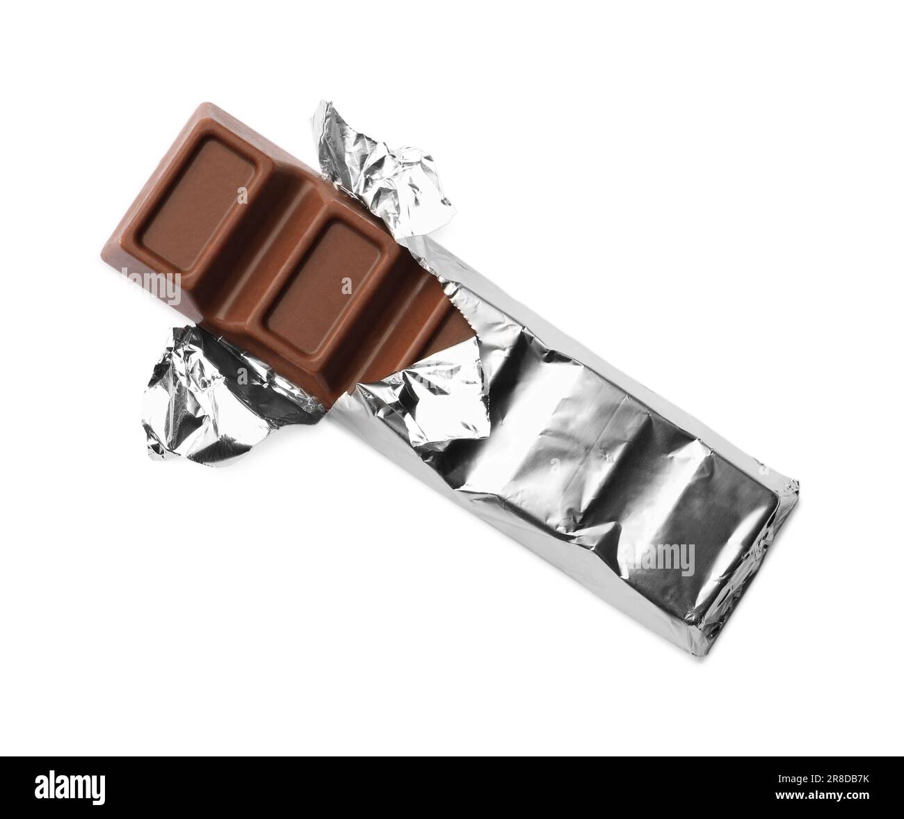 Delicious wrapped chocolate bar on white background, top view Stock ...