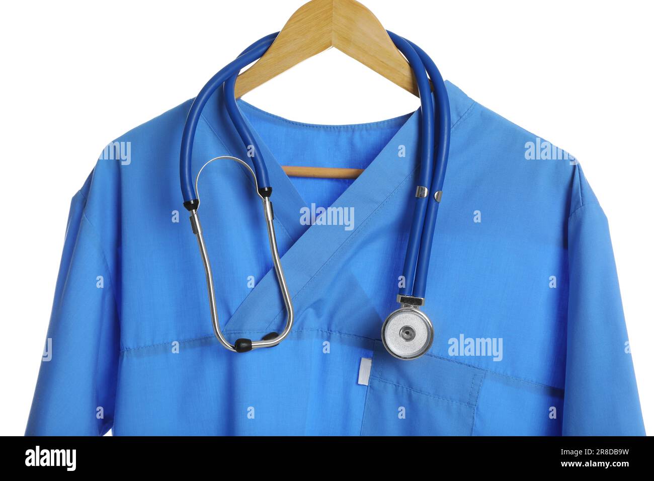 Light blue medical uniform and stethoscope on white background Stock ...