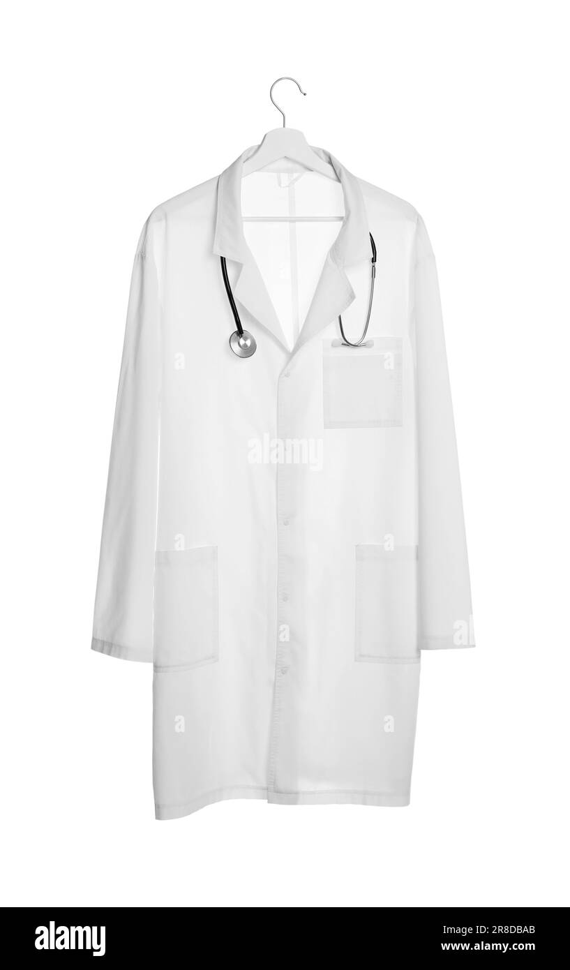 Doctor's gown and stethoscope isolated on white. Medical uniform Stock ...