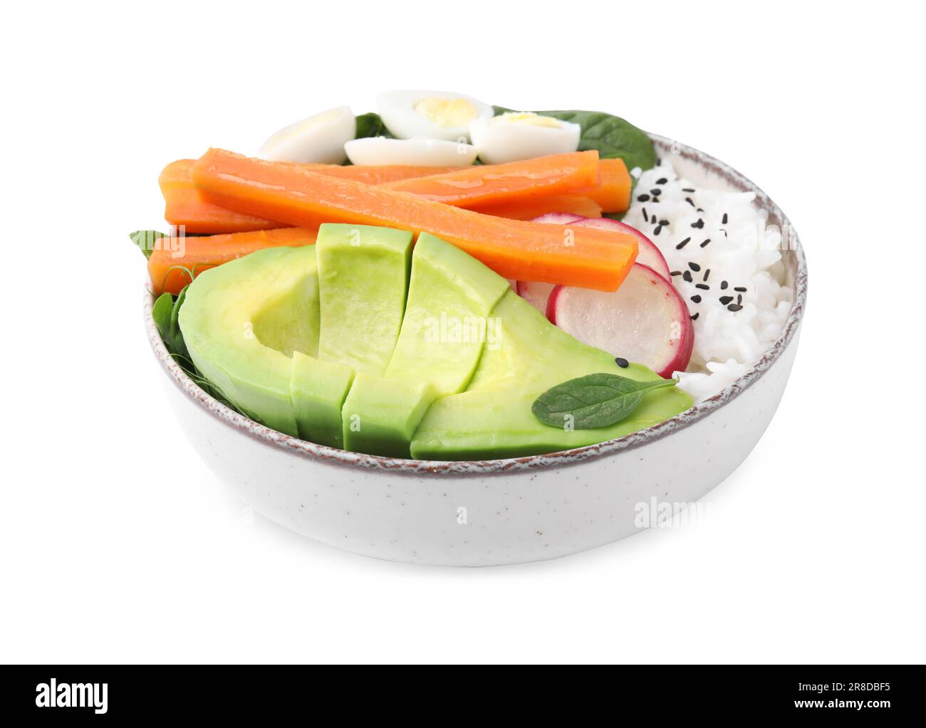 Delicious poke bowl with basil, eggs, avocado and vegetables isolated ...