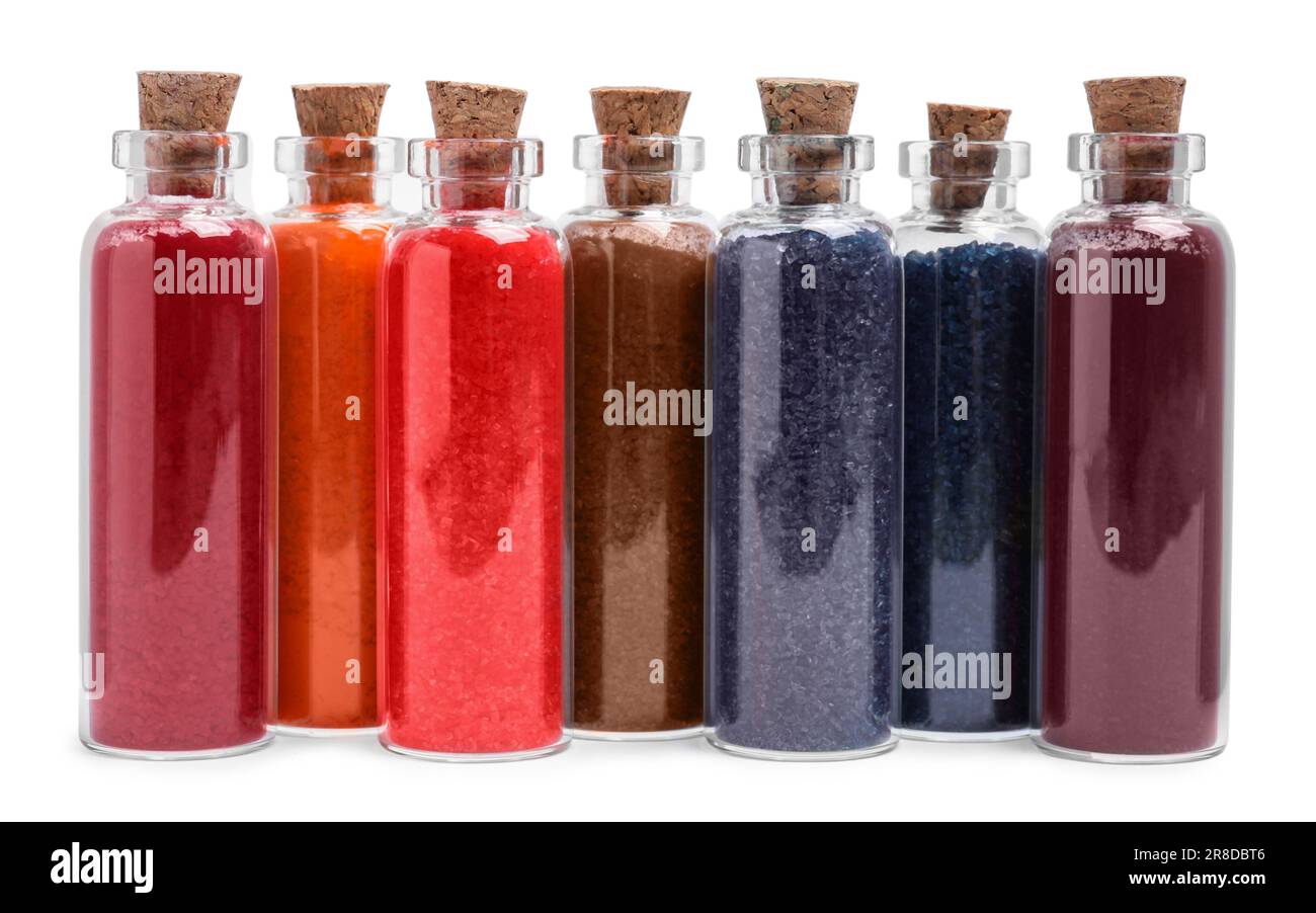 Glass bottles of different food coloring isolated on white Stock Photo ...