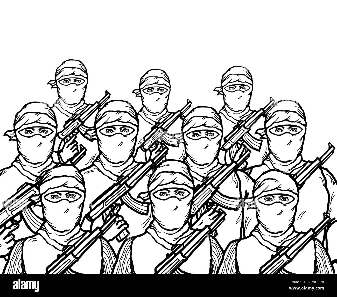 A group of criminal terrorism terrorist bandit army men with face mask ...
