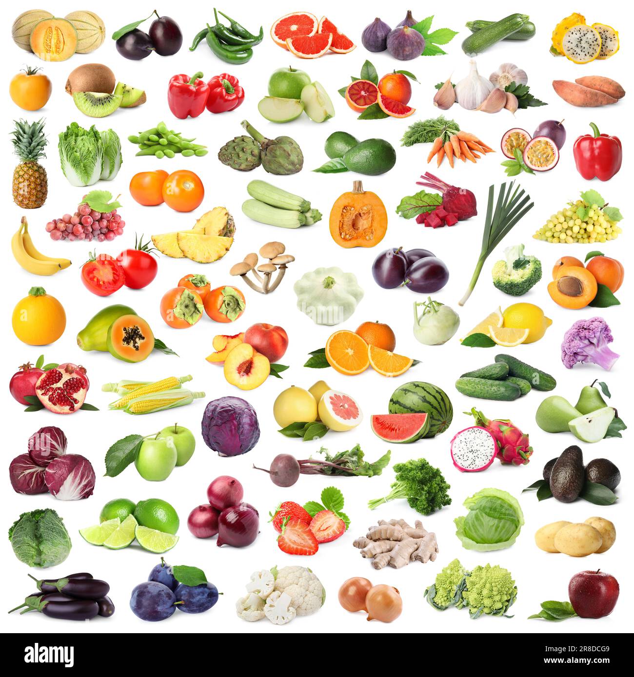 Many fresh fruits and vegetables on white background, collage design ...