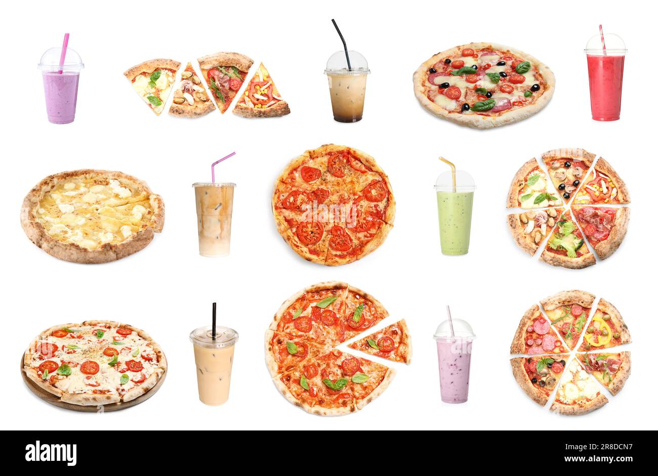 Collage with different delicious pizzas and drinks on white background ...