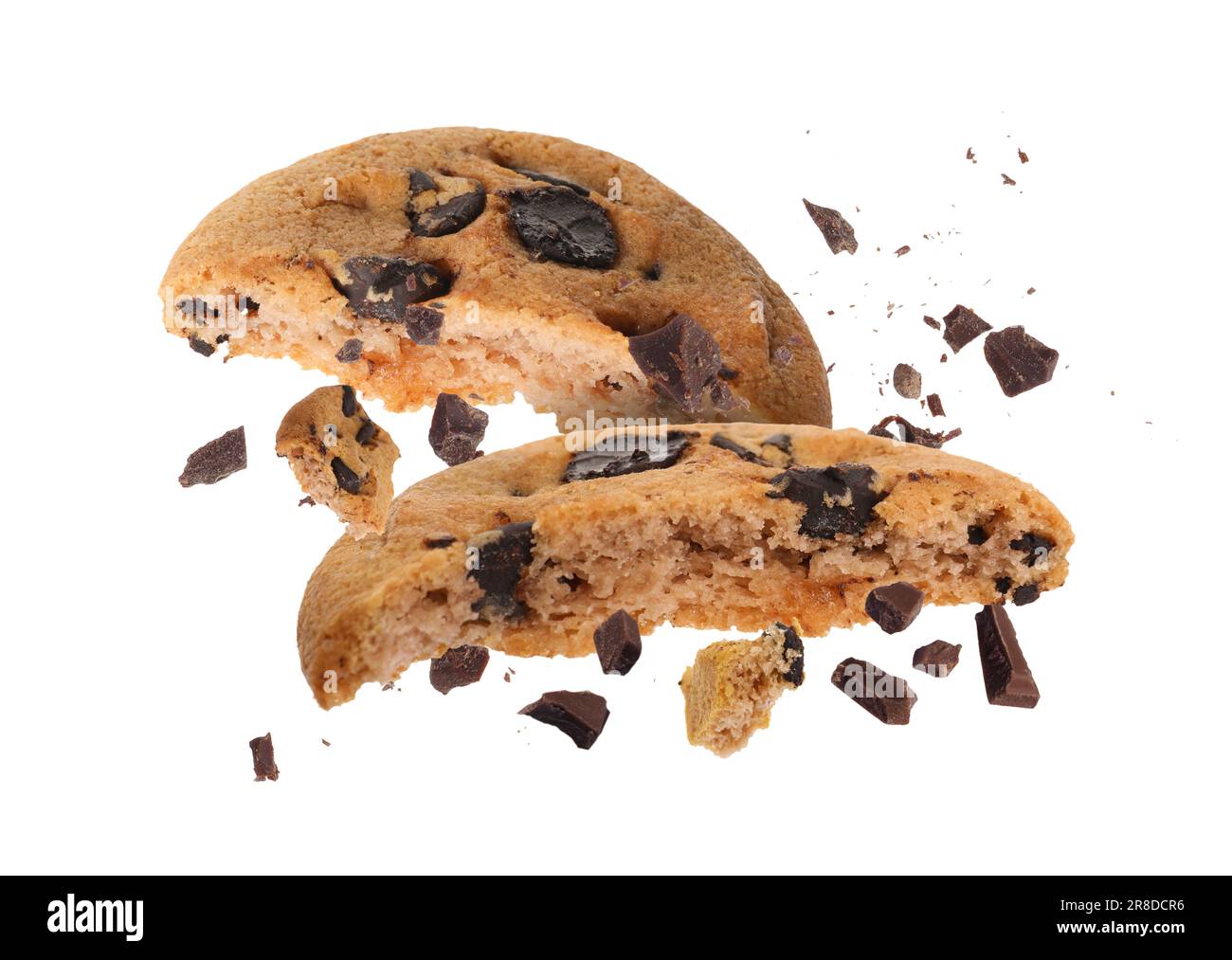 Tasty chocolate chip cookies falling on white background Stock Photo ...