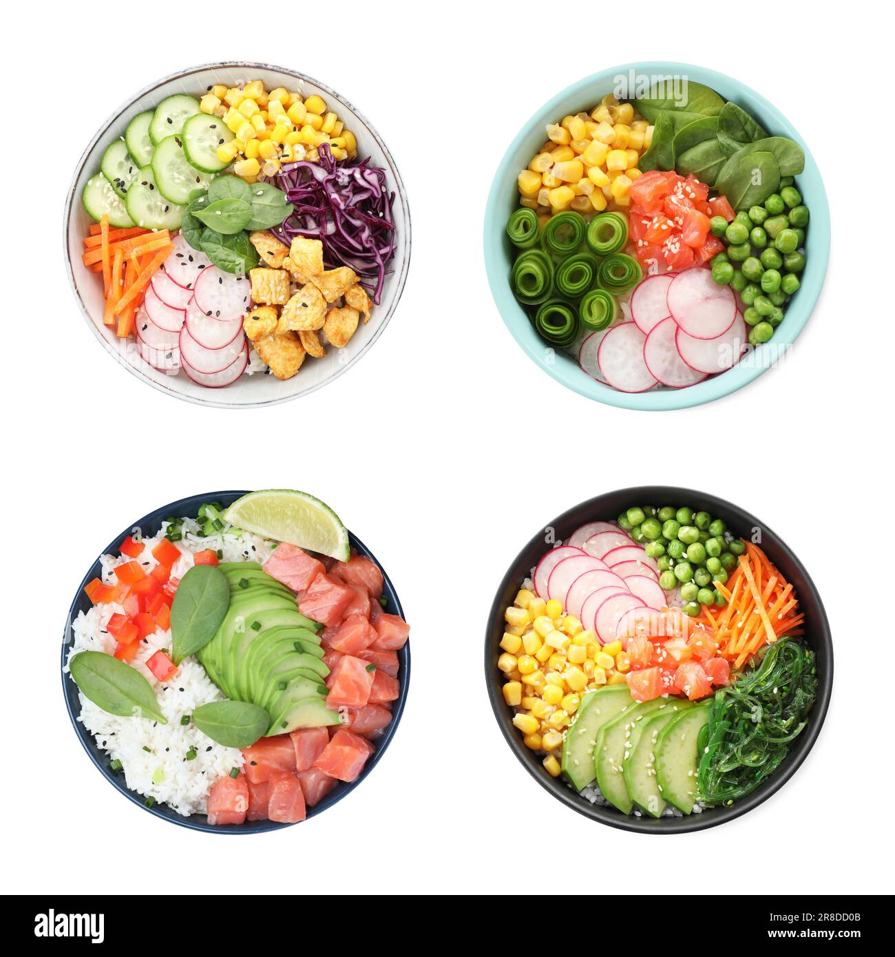 Set of different poke bowls isolated on white, top view Stock Photo - Alamy