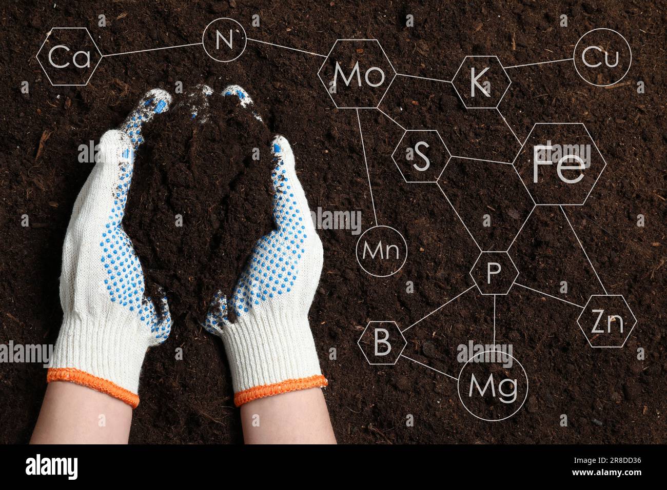 Woman holding pile of soil above ground, top view. Scheme with chemical ...