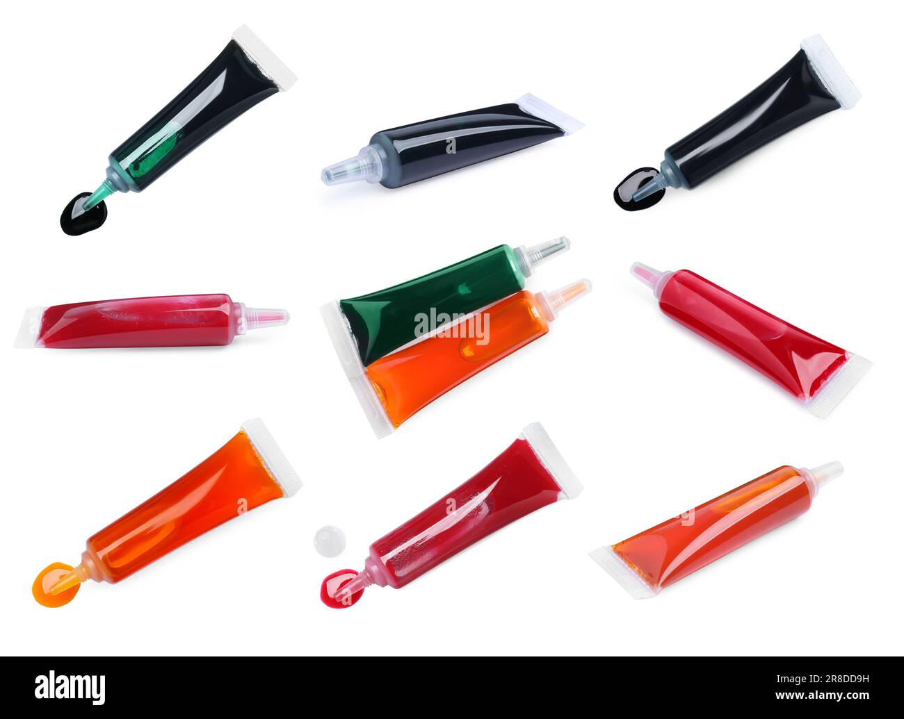 Collage of tubes with different food coloring isolated on white Stock ...
