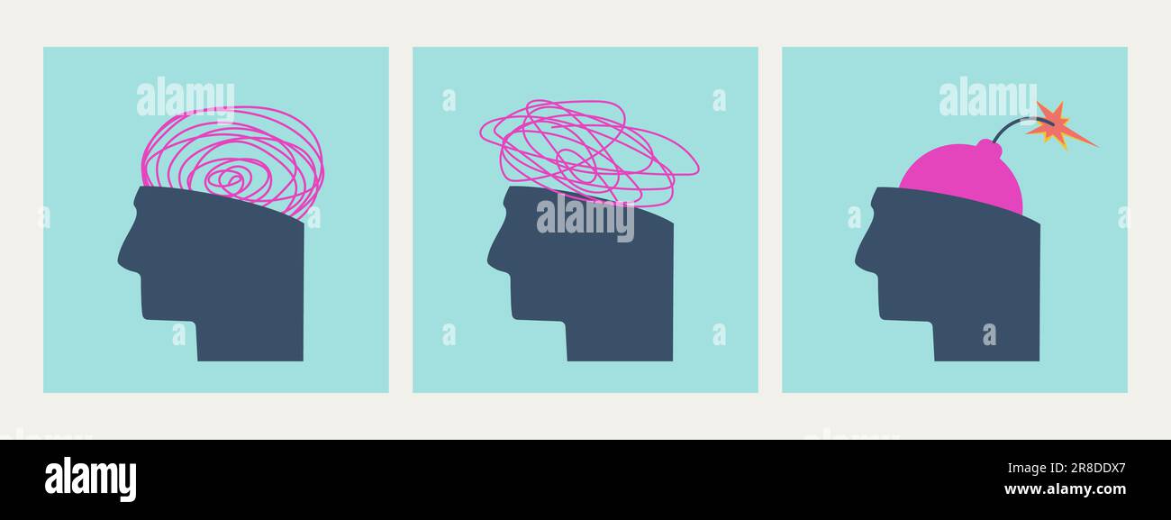 Silhouette of a human head with a tangle of confused thoughts or with a ...